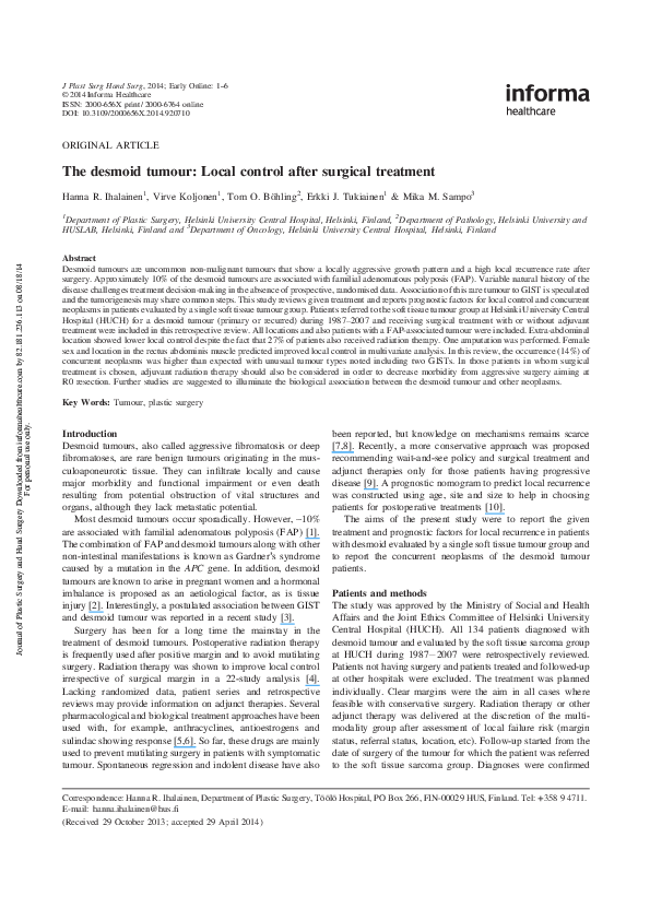 The desmoid tumour: Local control after surgical treatment