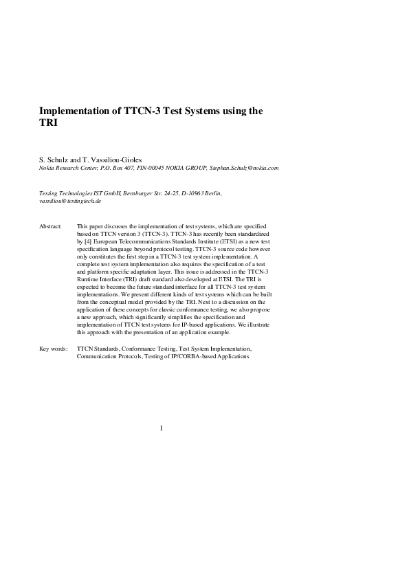 Pdf Implementation Of Ttcn 3 Test Systems Using The Tri