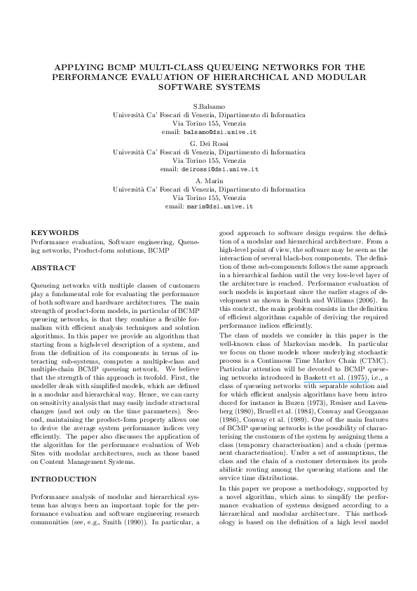 Pdf Applying Bcmp Multi Class Queueing Networks For The Performance Evaluation Of Hierarchical 