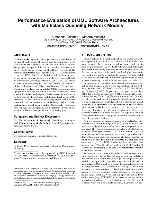 (PDF) Performance evaluation of UML software architectures with multiclass Queueing Network models