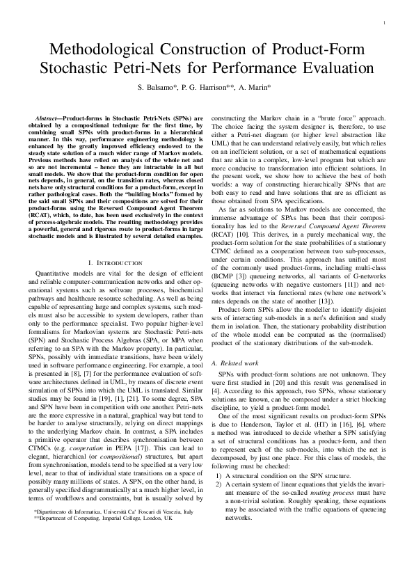 (PDF) Methodological construction of product-form stochastic Petri nets for performance evaluation