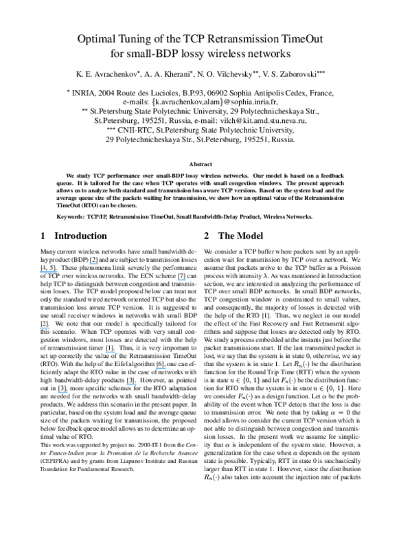 (PDF) Optimal Tuning of the TCP Retransmission TimeOut for small-BDP lossy wireless networks