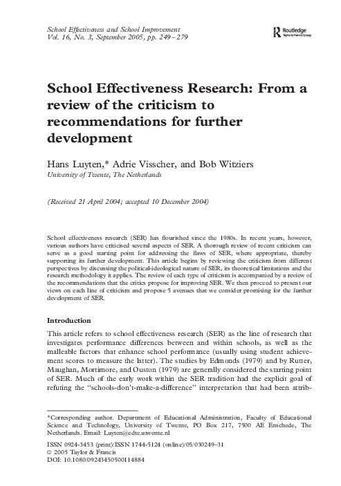 (PDF) School Effectiveness Research: From a review of the criticism to ...