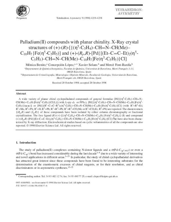 (PDF) Palladium(II) compounds with planar chirality. X-Ray crystal structures of (+)-(R)-[{(η5 ...