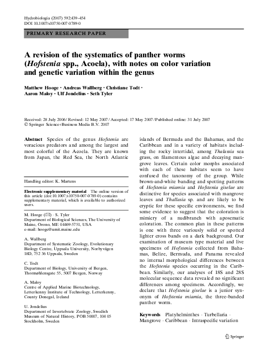 (PDF) A revision of the systematics of panther worms (Hofstenia spp ...