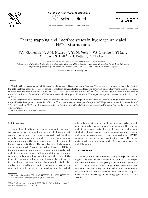 (PDF) Charge trapping and interface states in hydrogen annealed HfO2-Si ...