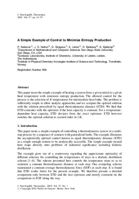 (PDF) A Simple Example of Control to Minimize Entropy Production
