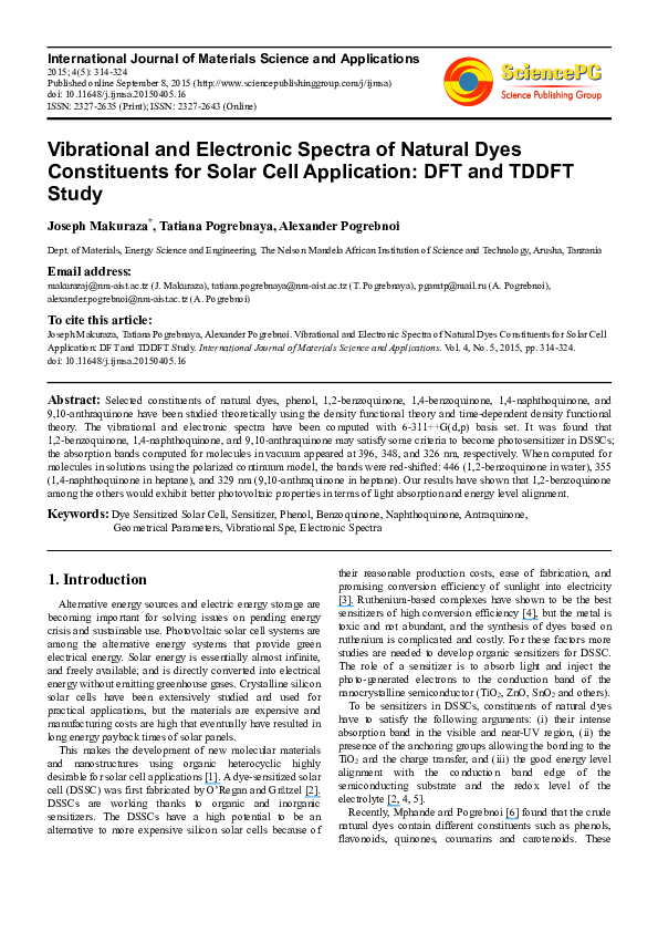 (PDF) Vibrational and Electronic Spectra of Natural Dyes Constituents for Solar Cell Application ...