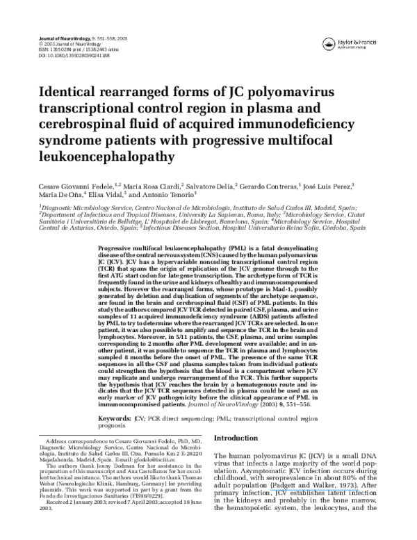 (PDF) Identical Rearranged Forms of JC Polyomavirus Transcriptional ...