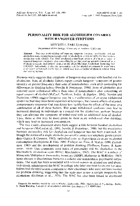 (PDF) Personality risk for alcoholism covaries with hangover symptoms