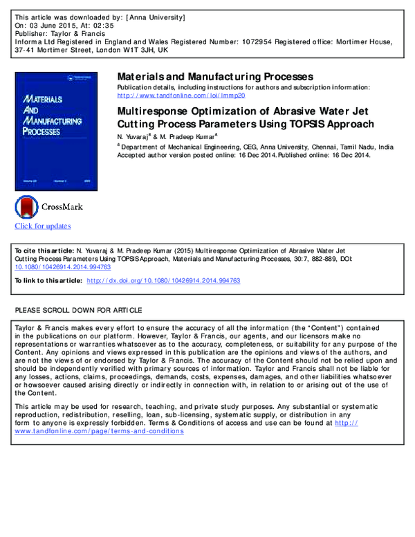 (PDF) Multiresponse Optimization of Abrasive Water Jet Cutting Process Parameters Using TOPSIS ...