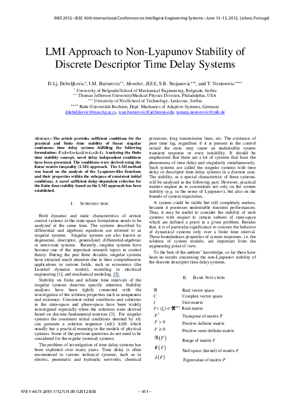 (PDF) LMI approach to non-Lyapunov stability of discrete descriptor time delay systems