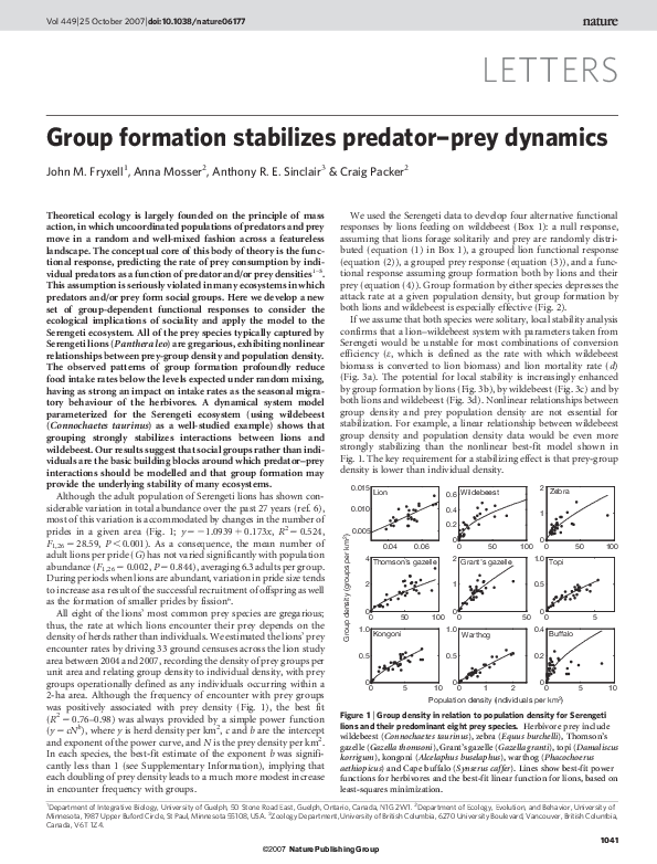 (PDF) Group formation stabilizes predator–prey dynamics
