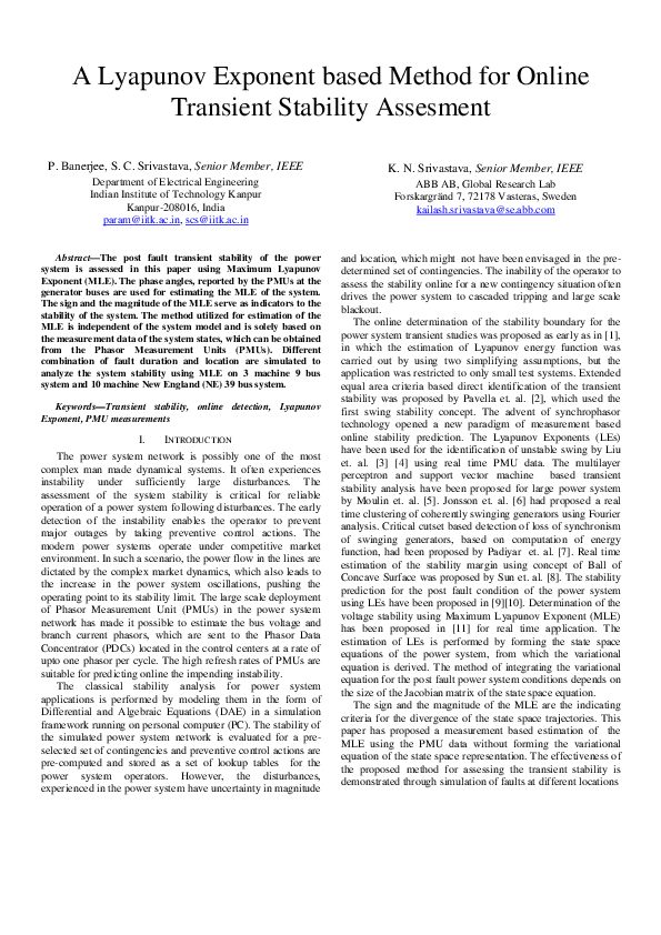 (PDF) A Lyapunov Exponent based Method for Online Transient Stability Assessment