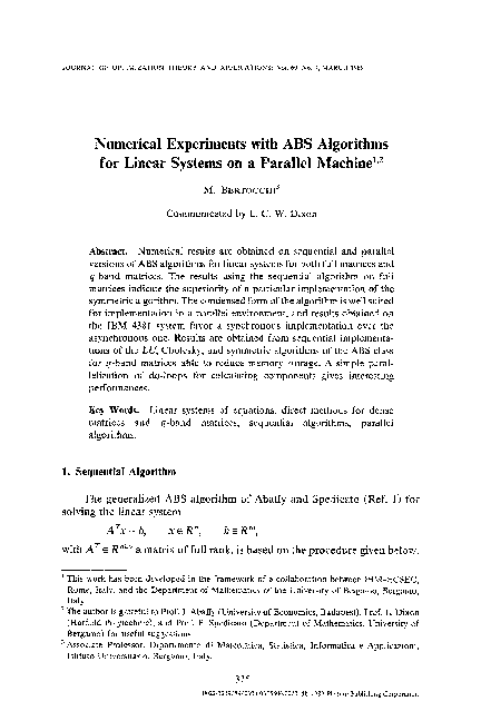 Pdf Numerical Experiments With Abs Algorithms For Linear Systems On A Parallel Machine
