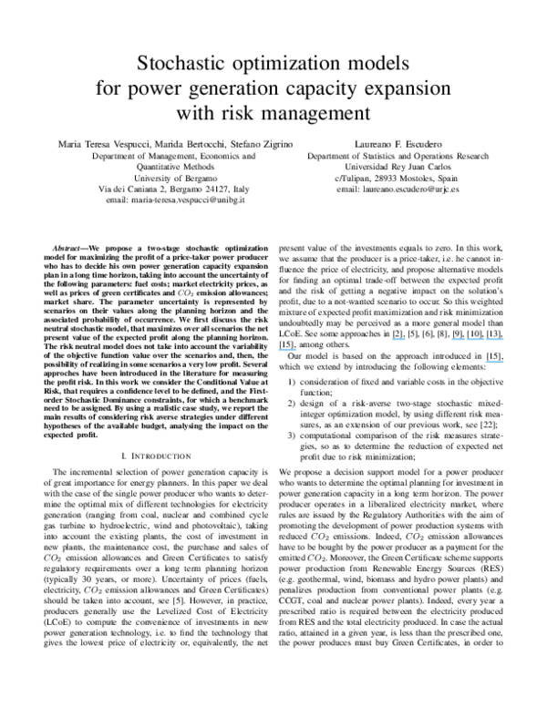 Pdf Stochastic Optimization Models For Power Generation Capacity