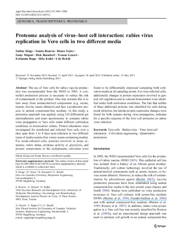 (PDF) Proteome analysis of virus–host cell interaction: rabies virus replication in Vero cells ...