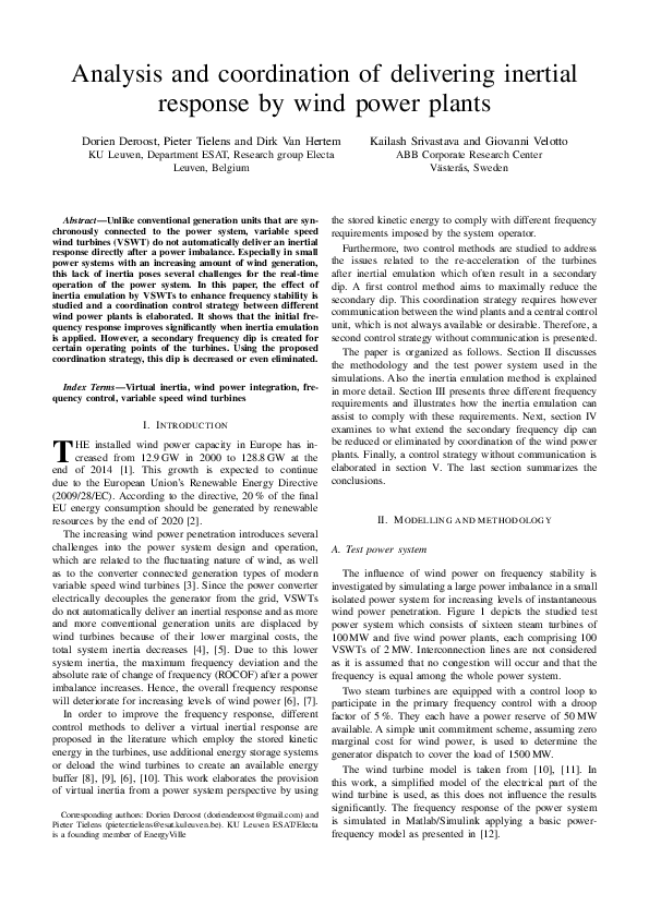 Pdf Analysis And Coordination Of Delivering Inertial Response By Wind