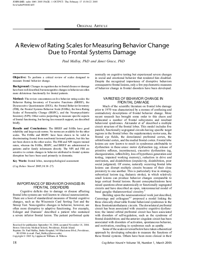 (PDF) A Review of Rating Scales for Measuring Behavior Change Due to Frontal Systems Damage