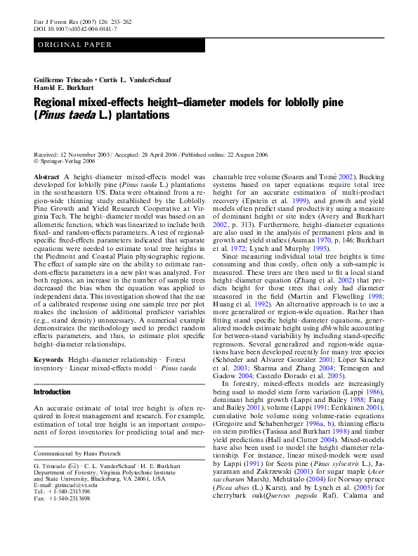 (PDF) Regional mixed-effects height–diameter models for loblolly pine (Pinus taeda L.) plantations