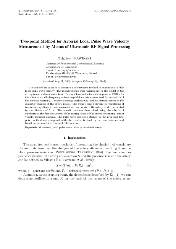 (PDF) Two-point Method for Arterial Local Pulse Wave Velocity Measurement by Means of Ultrasonic ...