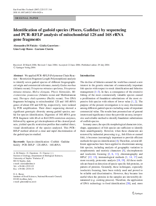 (PDF) Identification of gadoid species (Pisces, Gadidae) by sequencing ...