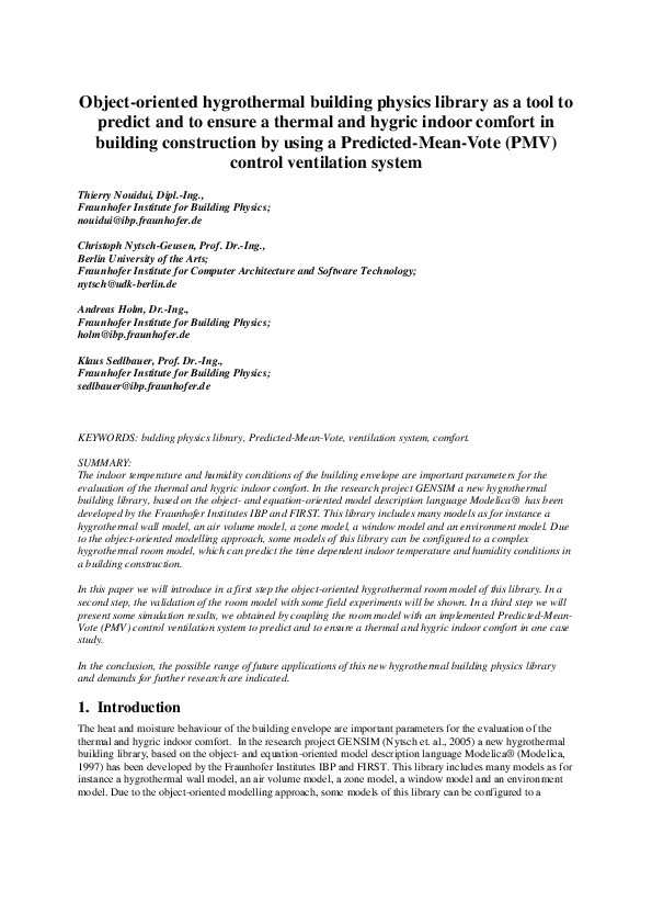 Pdf Object Oriented Hygrothermal Building Physics Library As A Tool To Predict And To Ensure A
