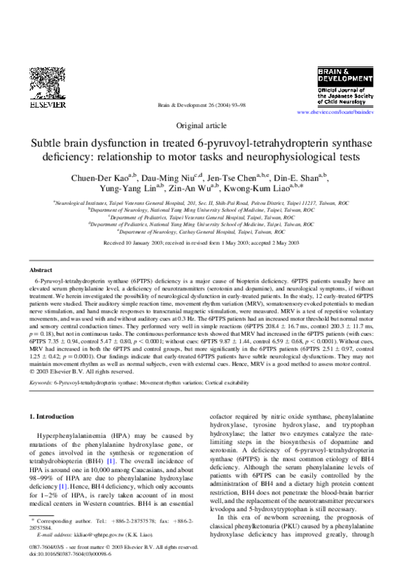 (PDF) Subtle brain dysfunction in treated 6-pyruvoyl-tetrahydropterin ...