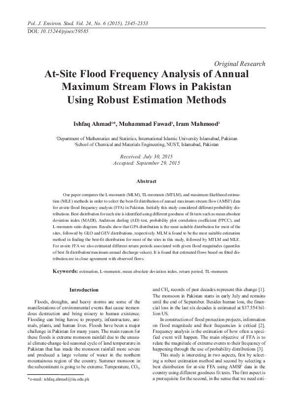 Pdf At Site Flood Frequency Analysis Of Annual Maximum Stream Flows In Pakistan Using Robust 