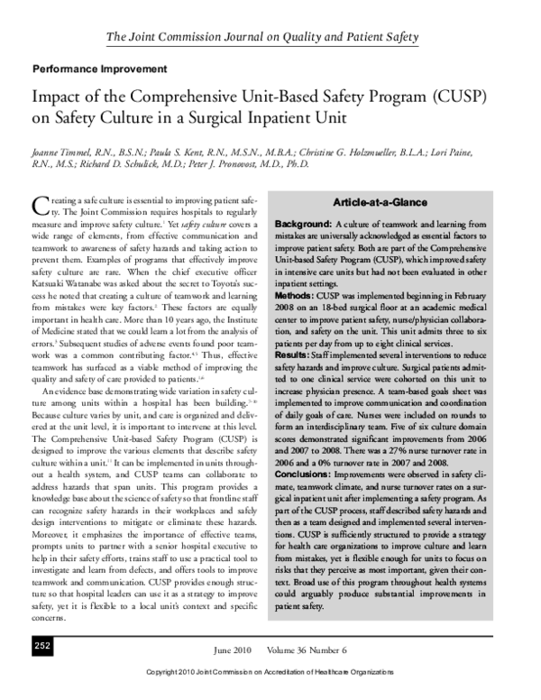 (PDF) Impact of the Comprehensive Unit-based Safety Program (CUSP) on ...