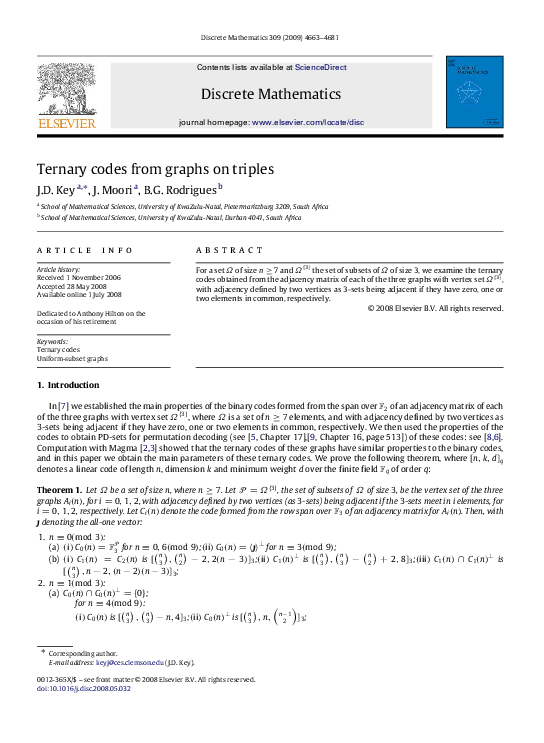 (PDF) Ternary codes from graphs on triples