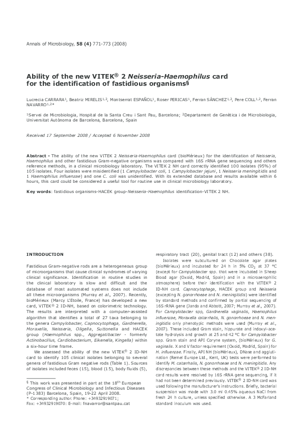 (PDF) Ability of the new VITEK® 2Neisseria-Haemophilus card for the ...