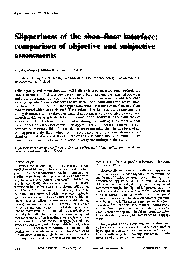 (PDF) Slipperiness of the shoe-floor interface: comparison of objective ...