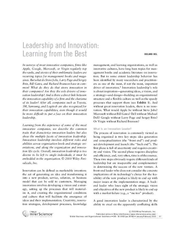 (PDF) Leadership and innovation: Learning from the best | Roland Bel ...