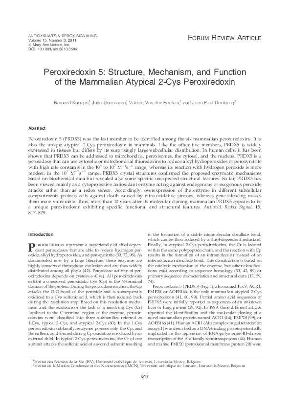 (PDF) Peroxiredoxin 5: Structure, Mechanism, and Function