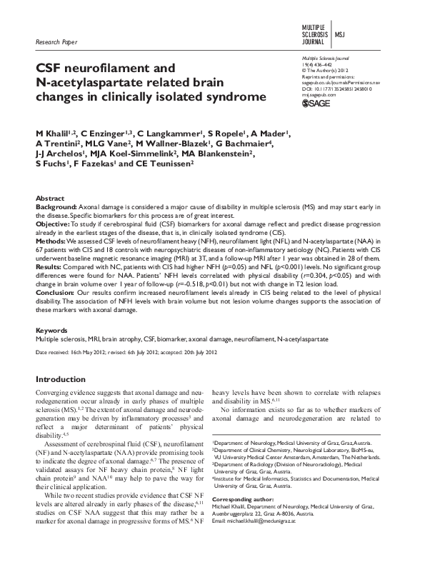 (PDF) CSF Neurofilaments in Clinically Isolated Syndrome
