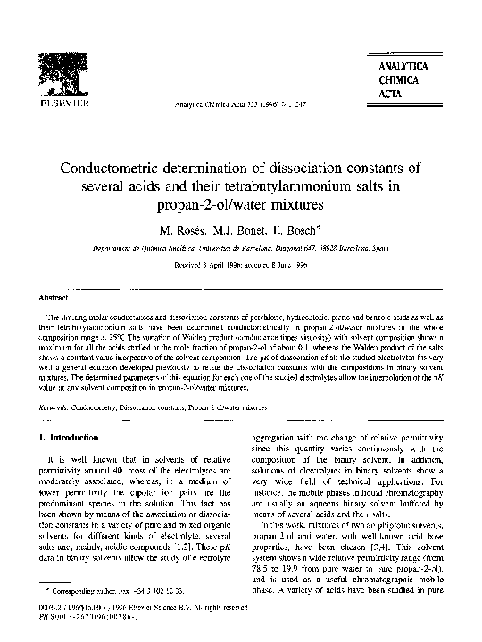 Pdf Conductometric Determination Of Dissociation Constants Of Several Acids And Their