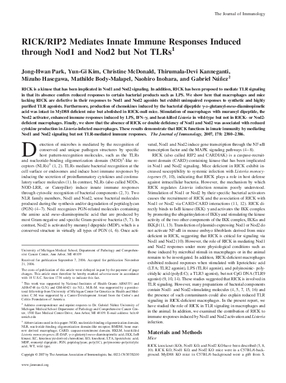 (PDF) RICK/RIP2 Mediates Innate Immune Responses Induced through Nod1 ...