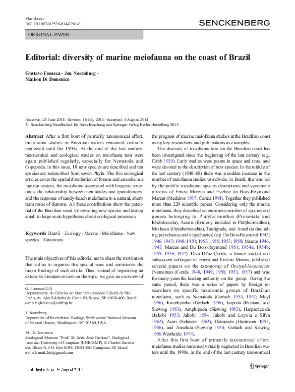 (PDF) Editorial: diversity of marine meiofauna on the coast of Brazil