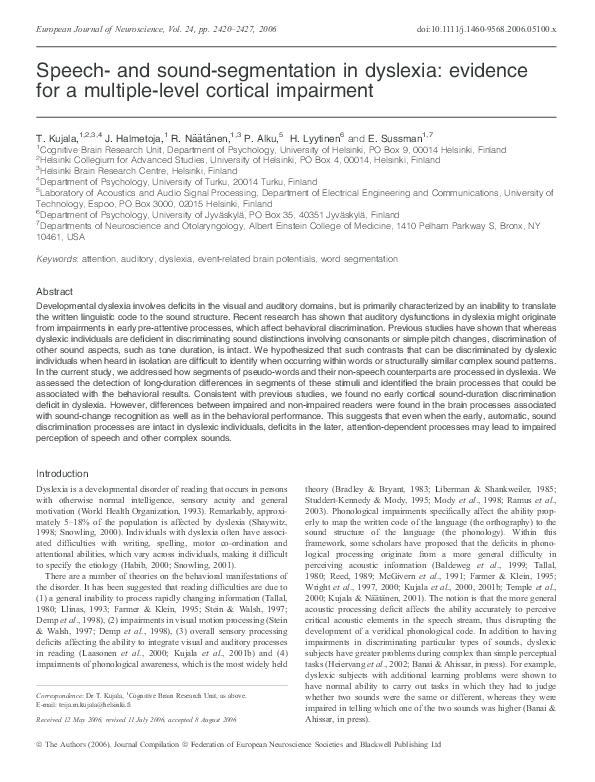 (PDF) Speech- and sound-segmentation in dyslexia: evidence for a ...