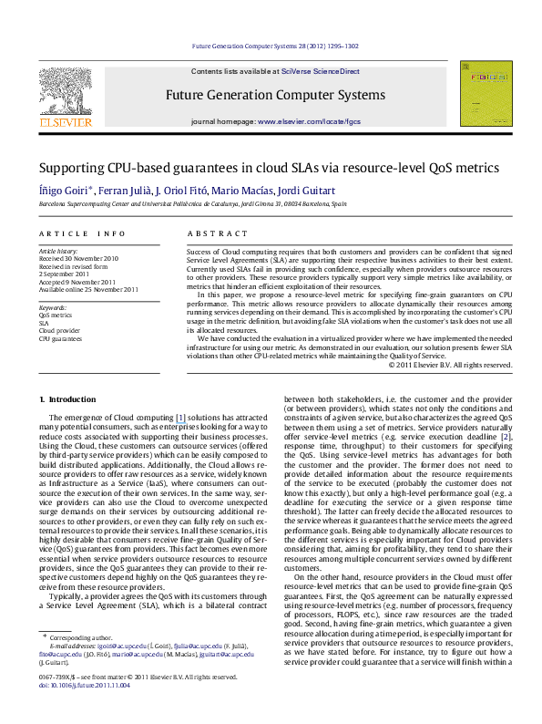Pdf Supporting Cpu Based Guarantees In Cloud Slas Via Resource Level