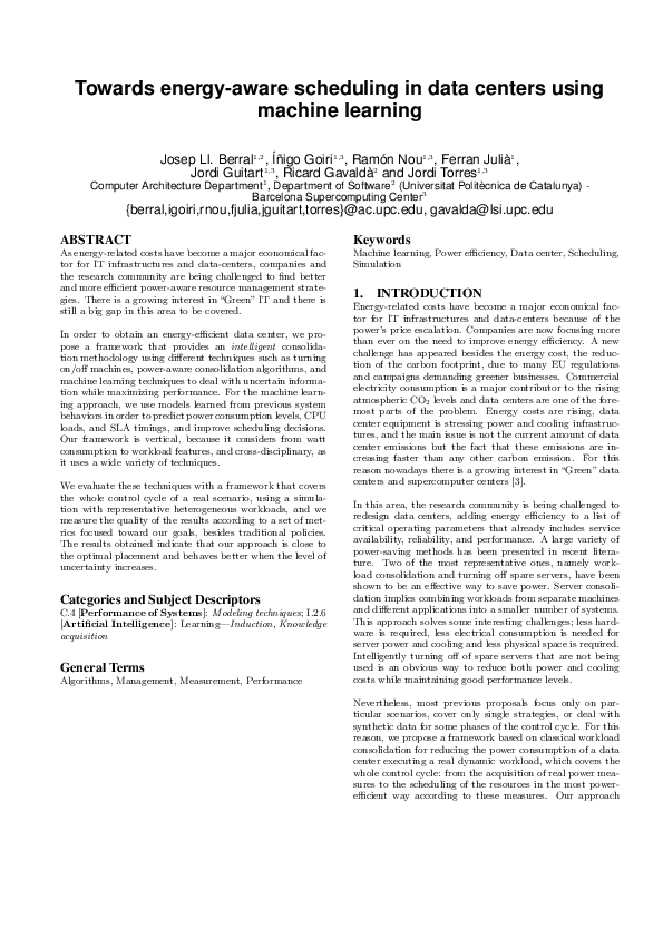 Pdf Towards Energy Aware Scheduling In Data Centers Using Machine Learning