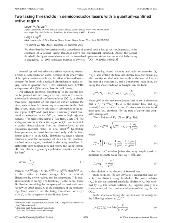 (PDF) Two lasing thresholds in semiconductor lasers with a quantum ...