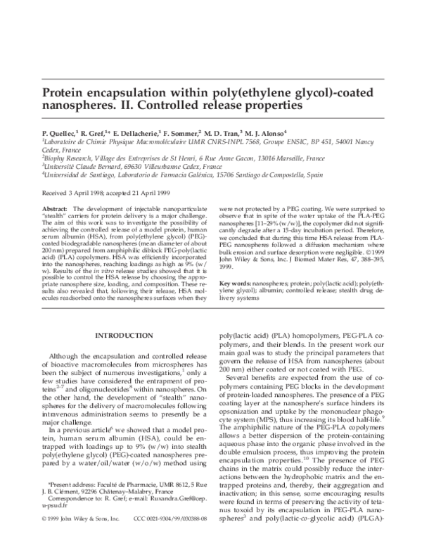 (PDF) Protein encapsulation within poly(ethylene glycol)-coated nanospheres. II. Controlled ...