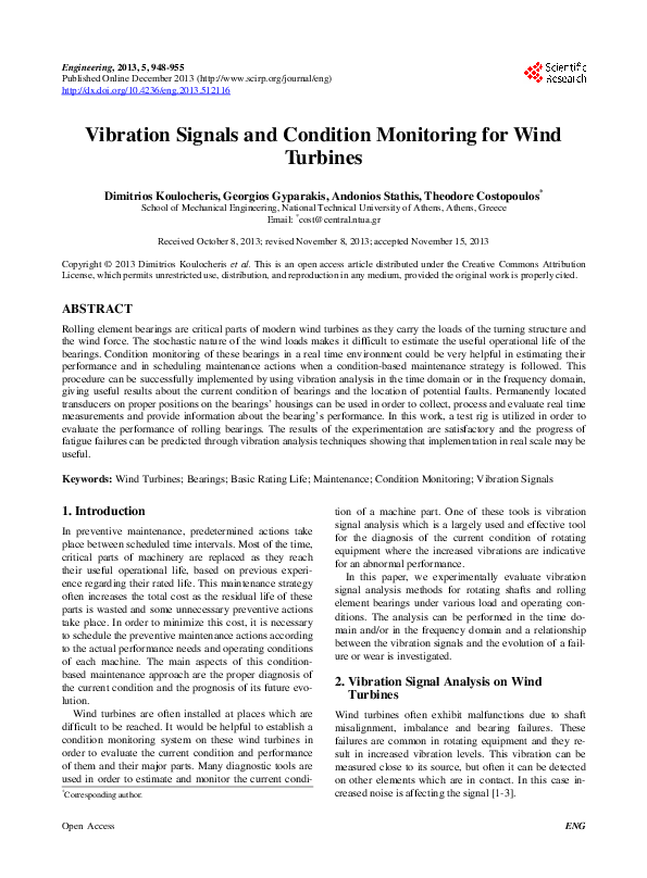 Pdf Vibration Signals And Condition Monitoring For Wind Turbines