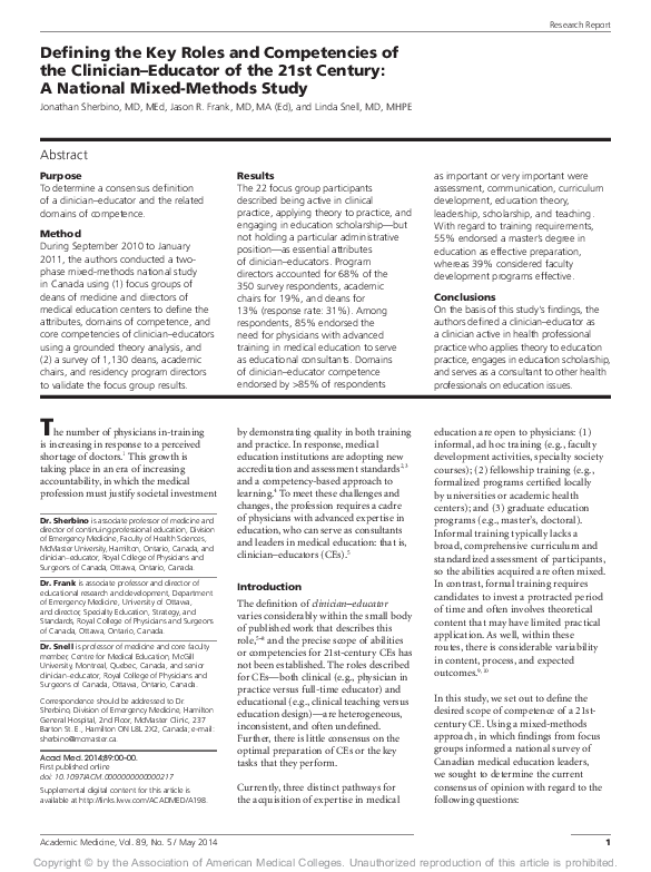 (PDF) Defining the Key Roles and Competencies of the Clinician–Educator ...