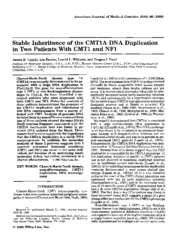 (PDF) Stable inheritance of the CMT1A DNA duplication in two patients ...