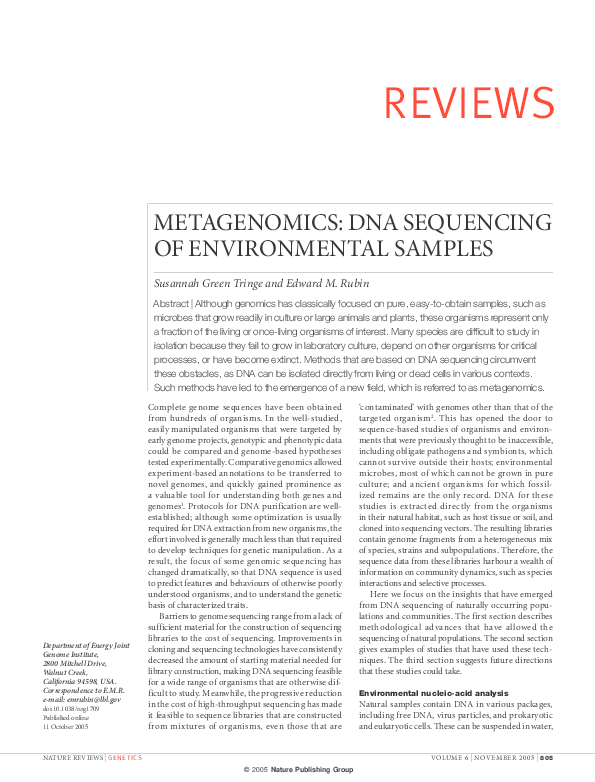 (PDF) Metagenomics: DNA sequencing of environmental samples