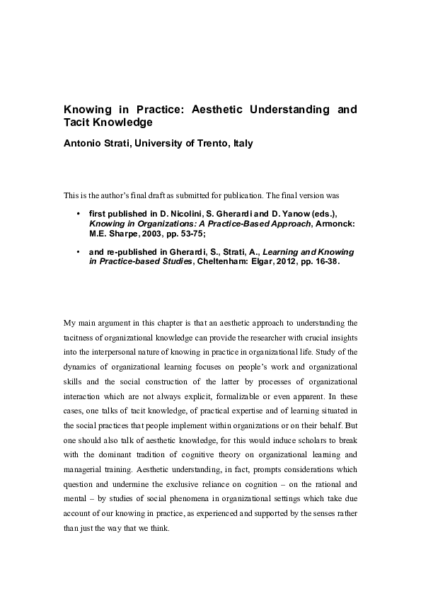 (PDF) Knowing in practice: aesthetic understanding and tacit knowledge ...