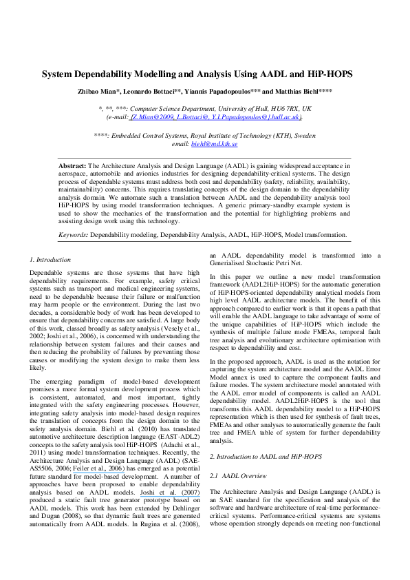 Pdf System Dependability Modelling And Analysis Using Aadl And Hip Hops